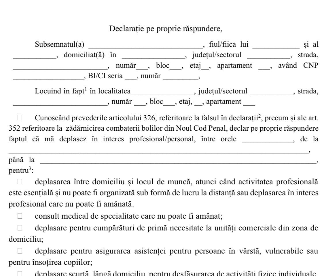 Modelul oficial al declarației pe proprie răspundere obligatorie pentru a putea ieși din casă ...